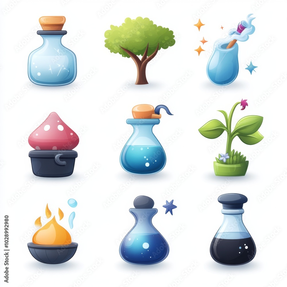 Cartoon Potion Bottles Magic Potions Game Assets Fantasy Elements Tree ...