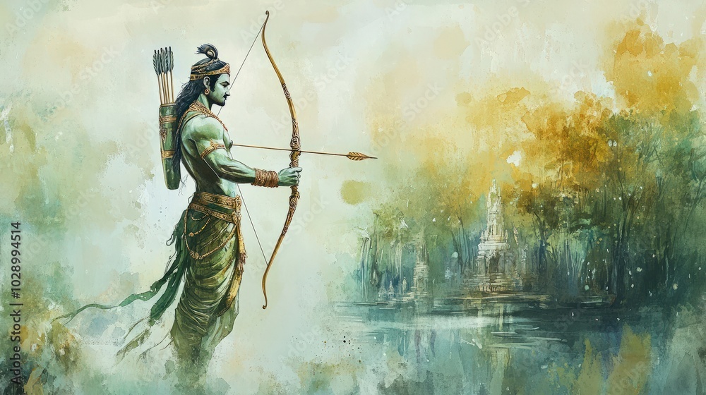A graceful watercolor of Lord Rama standing tall with his bow and arrow ...