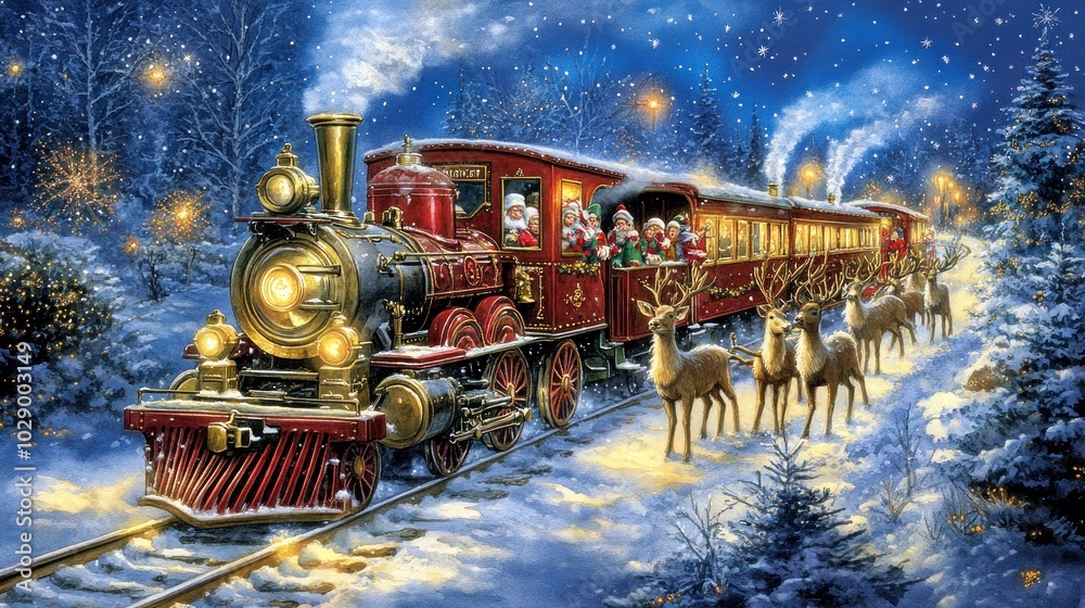 A red vintage steam train pulls a string of carriages through a snowy ...