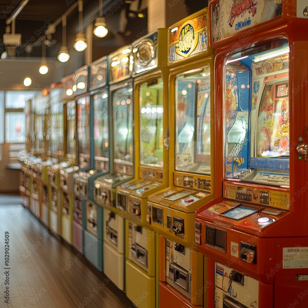 Various kinds of crane crabber arcade machines light and lined up in an ...
