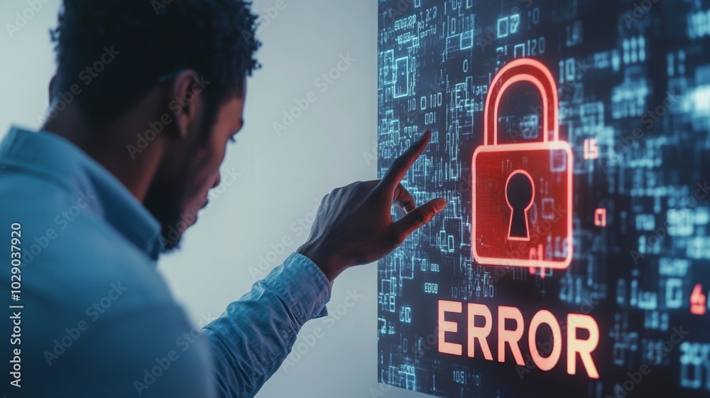Cybersecurity breach alert: Digital interface with red lock icon and ...