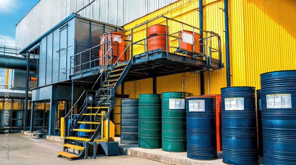 A specialized building with barrels and containers marked for hazardous ...