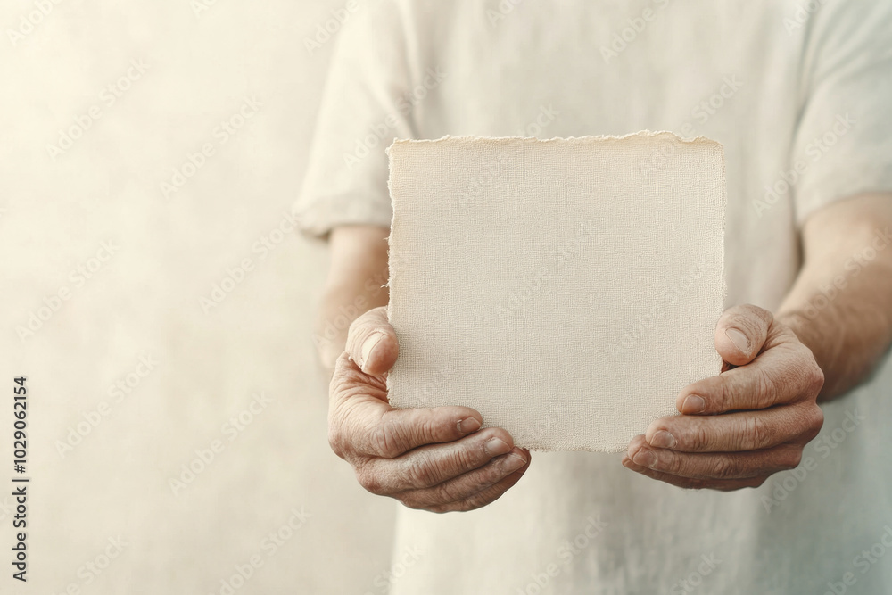 Une personne présente une feuille de papier vierge, idéale pour des ...