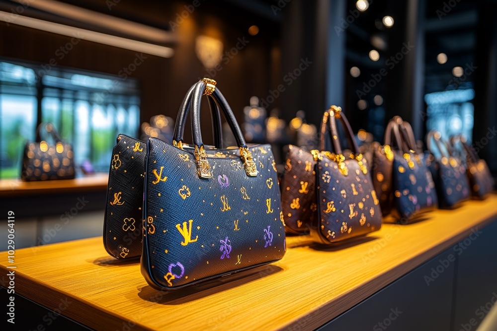 A display of luxury branded bags in a high-end boutique, each bag ...