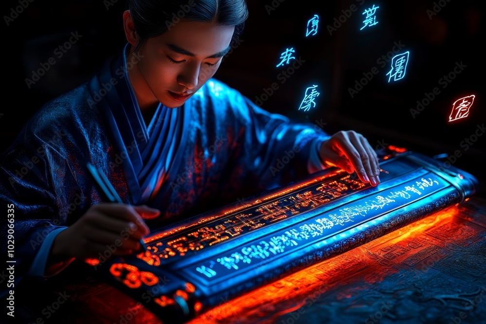 A futuristic scholar composing poetry on a glowing digital scroll, with ...