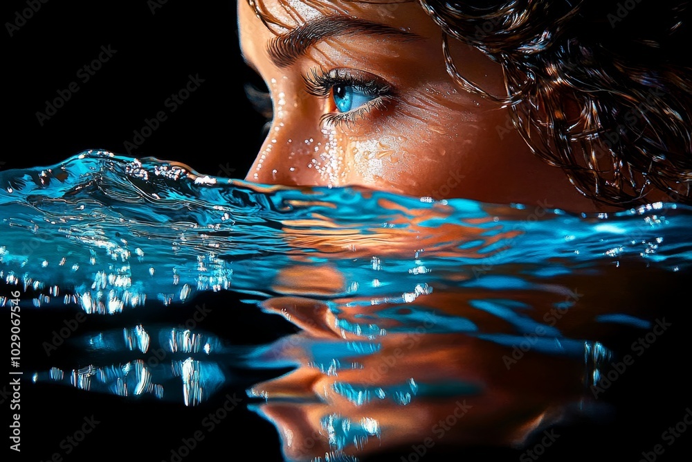 A hyper-realistic depiction of a person gazing at their reflection in ...