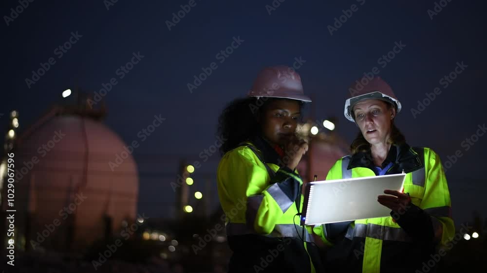 Engineer wear uniform and helmet stand workplace hand holding tablet ...