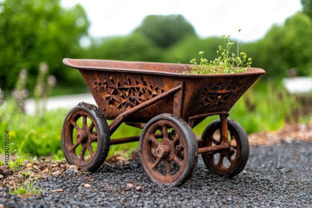 An old metal wheelbarrow left outside, with its surface pocked and ...