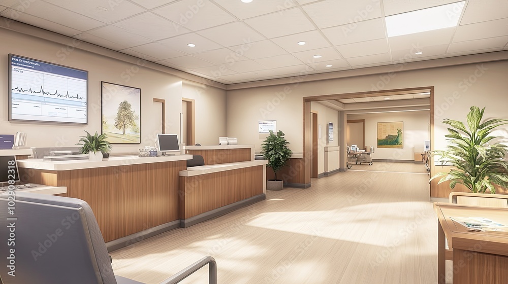 A modern hospital reception area with a waiting area and a check-in ...