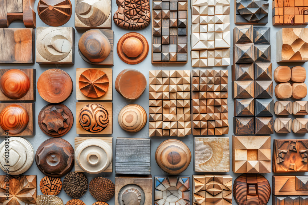 Small wood carvings with a variety of patterns reflect the delicacy and ...