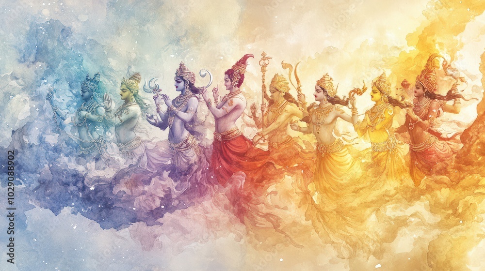 A mystical watercolor of Lord Vishnu Dashavatara, with each avatar ...
