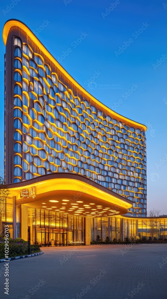 La fachada de un hotel de lujo brilla con iluminación arquitectónica ...