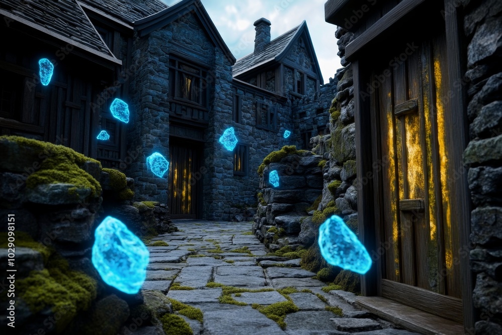 A crumbling, ancient castle in a fantasy world, with moss-covered stone ...