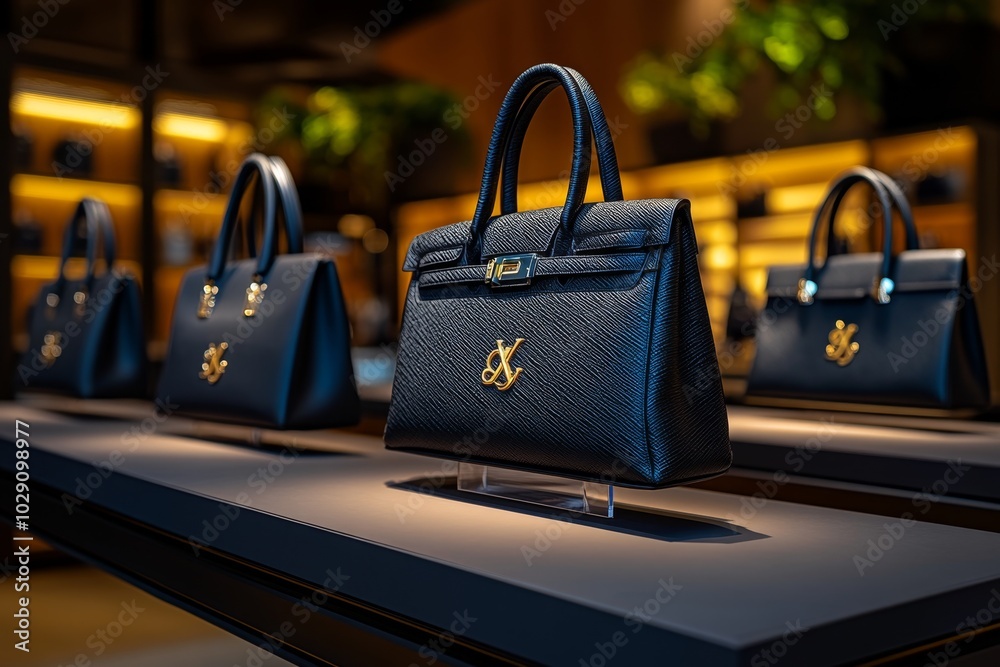 A display of luxury branded bags in a high-end boutique, each bag ...