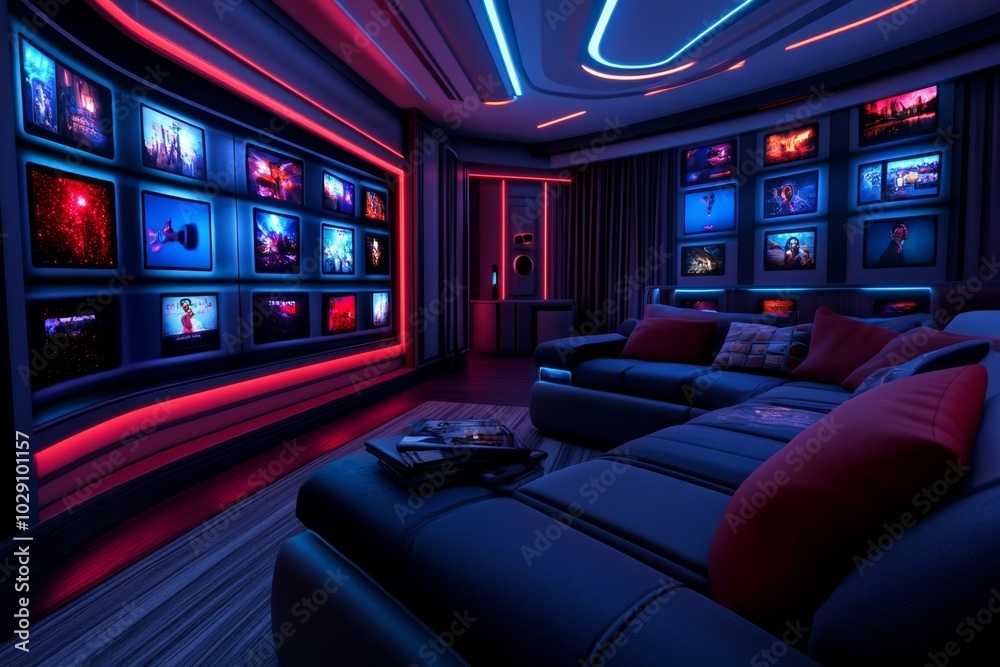 A futuristic living room with holographic screens, where media is ...
