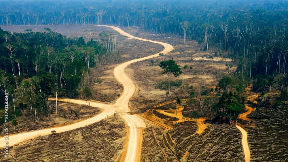 Aerial view of a deforested area with winding dirt roads cutting ...