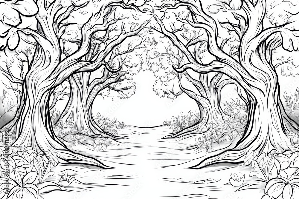 Minimalist line drawing of a hidden forest path, with just a few lines ...