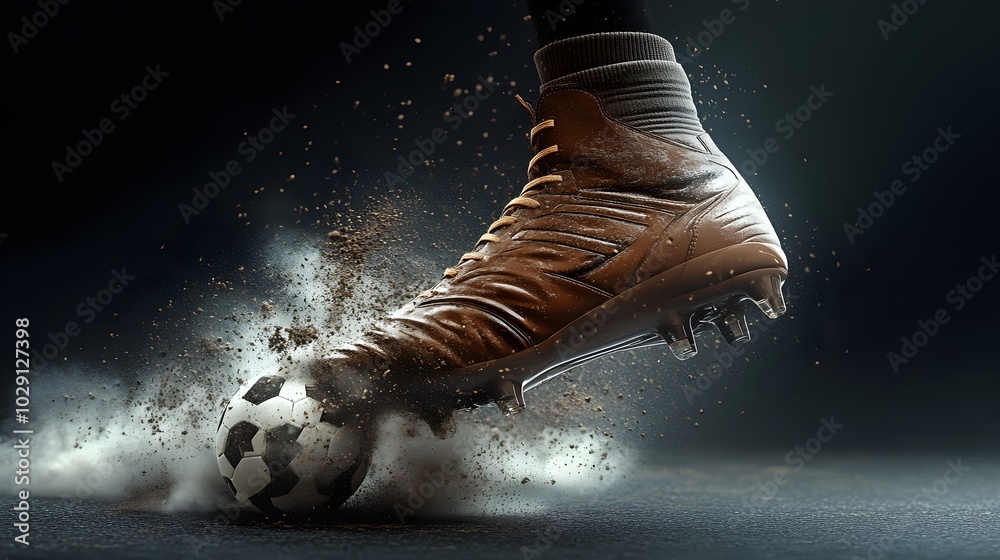 Soccer boot kicking a ball, side view, detailed texture on the leather ...