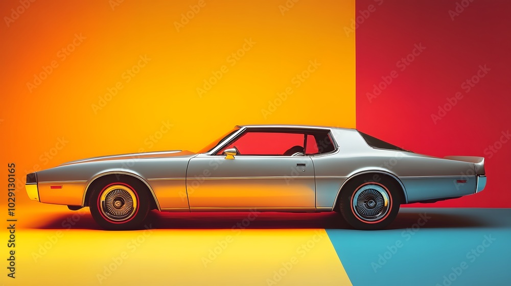 Shiny silver car in profile with bold contrasting colors and 70s ...