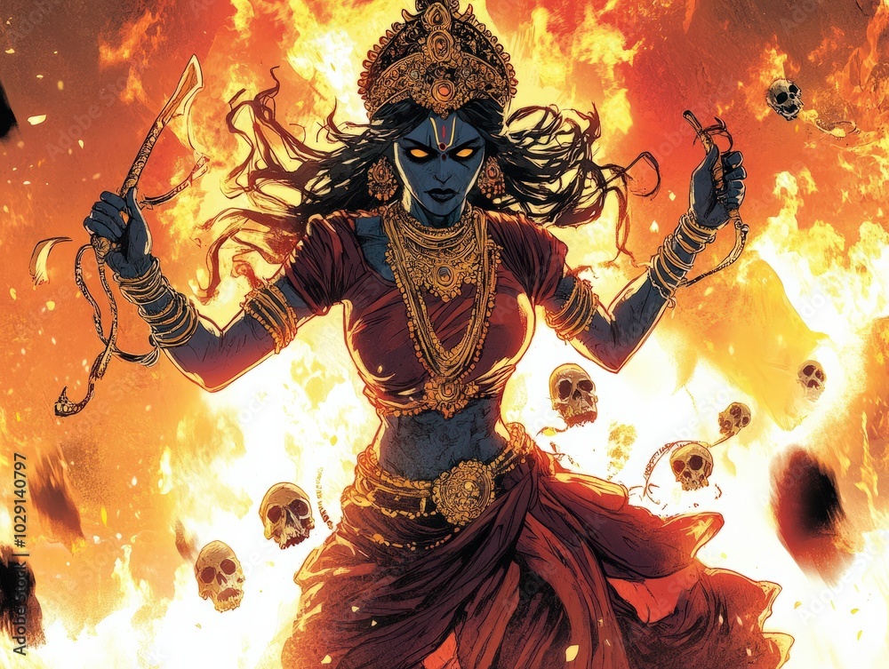 A bold and dynamic illustration of Goddess Kali in a powerful stance ...