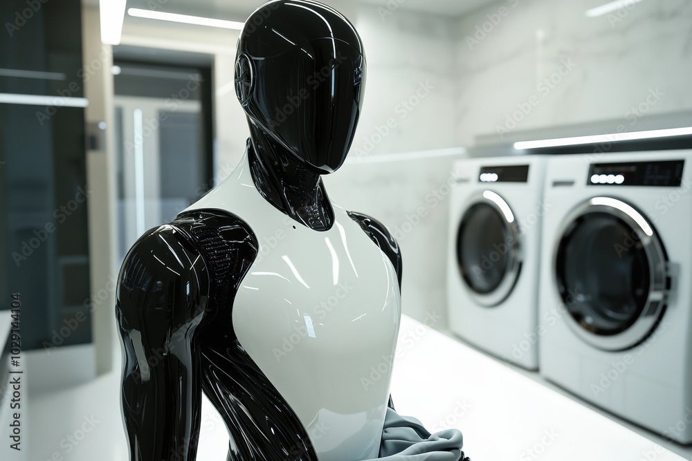 AI Humanoid Robot Assisting in Laundry Room, AI humanoid robot handling ...