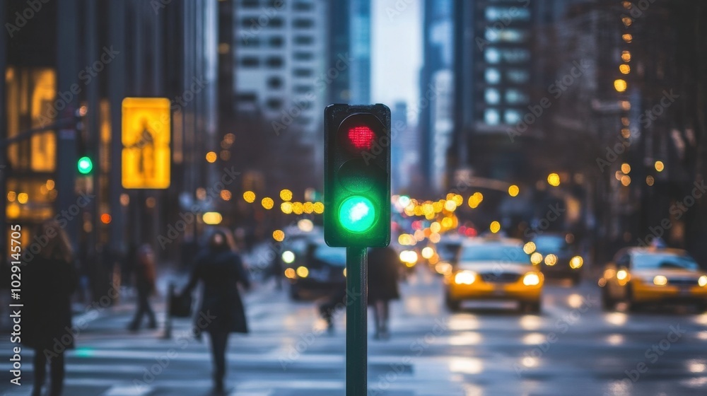The green pedestrian light signals safe crossing in a bustling urban ...