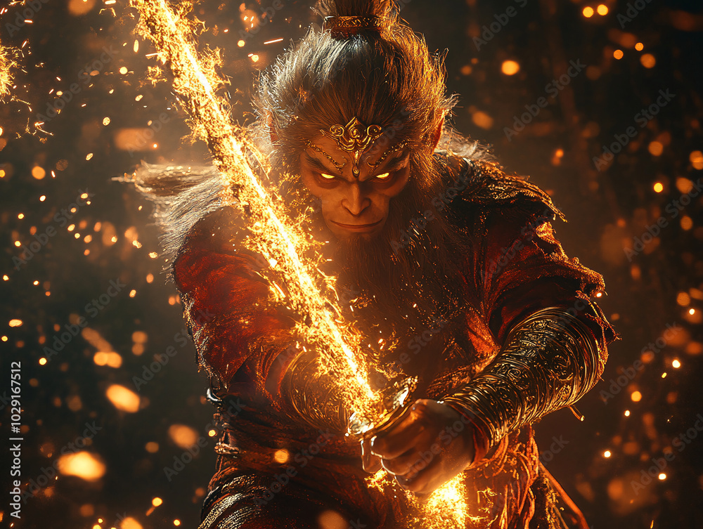 Sun Wukong as Monkey King with a glowing sword, surrounded by a fiery ...