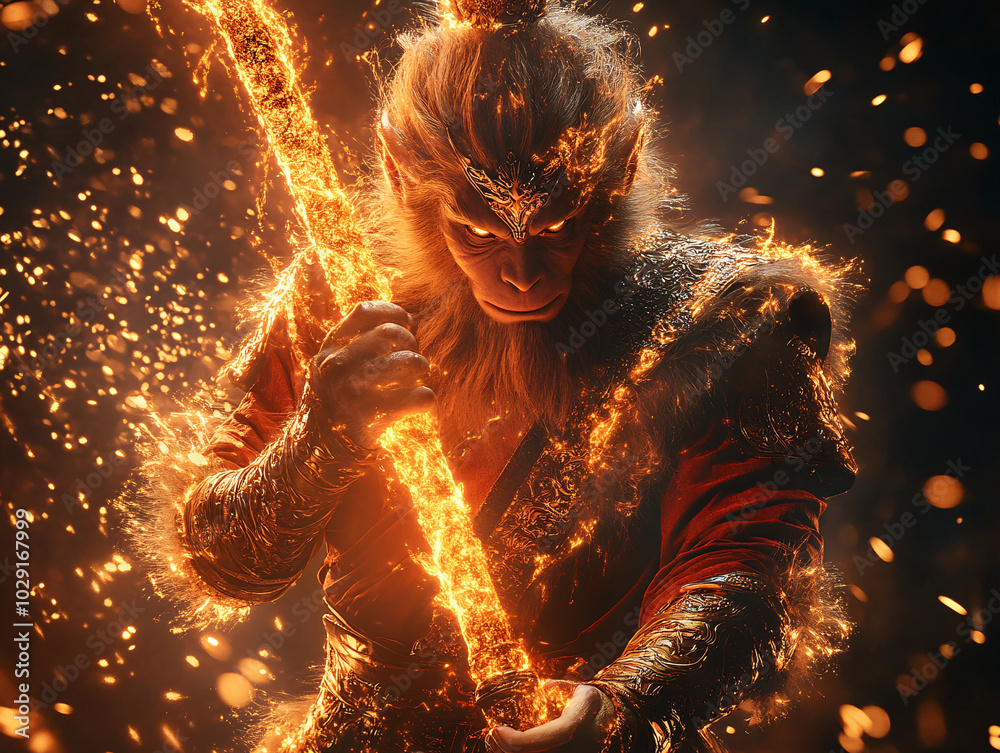 Sun Wukong as Monkey King with a glowing sword, surrounded by a fiery ...