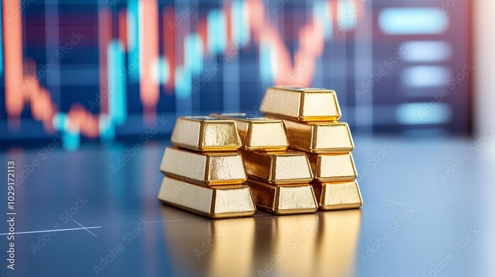 Gold bars stacked under a glowing financial chart, wealth and market ...