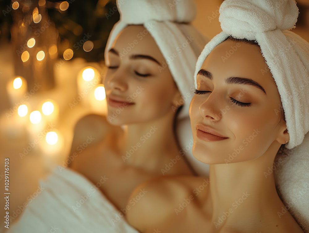 Friends having a spa day together, relaxing and pampering.Two women are ...