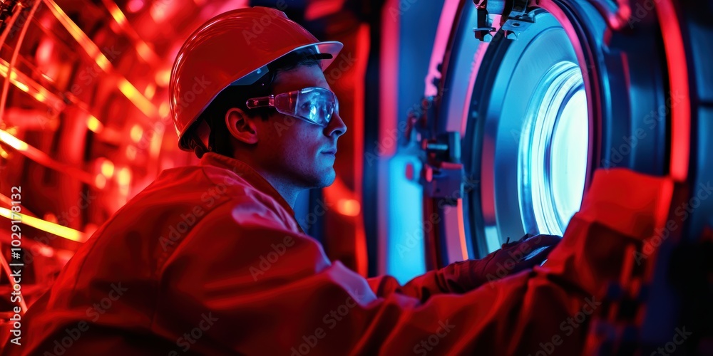 Scientist operating a particle accelerator, preparing for a new ...