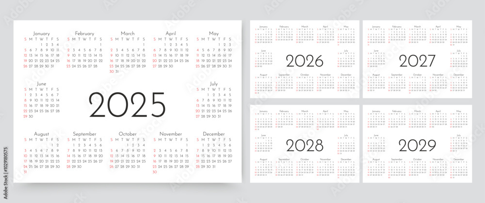 Vetor de Calendar for 2025, 2026, 2027, 2028, 2029 years. Calender ...