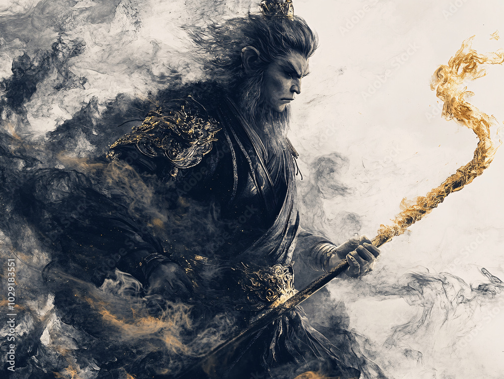 Sun_Wukong with a fierce expression, holding a staff and surrounded by ...