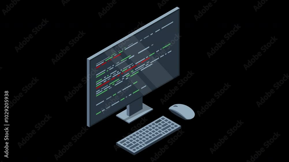 Isometric monitor with program code on screen animation. Computer programming with keyboard and ...