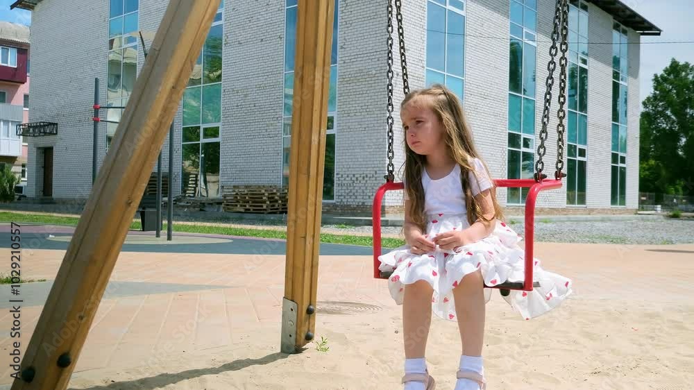 Upset crying baby girl on the playground at swing. Children playing ...