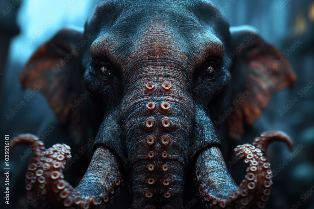 An elephant is depicted with multiple eyes and tentacle-like appendages ...