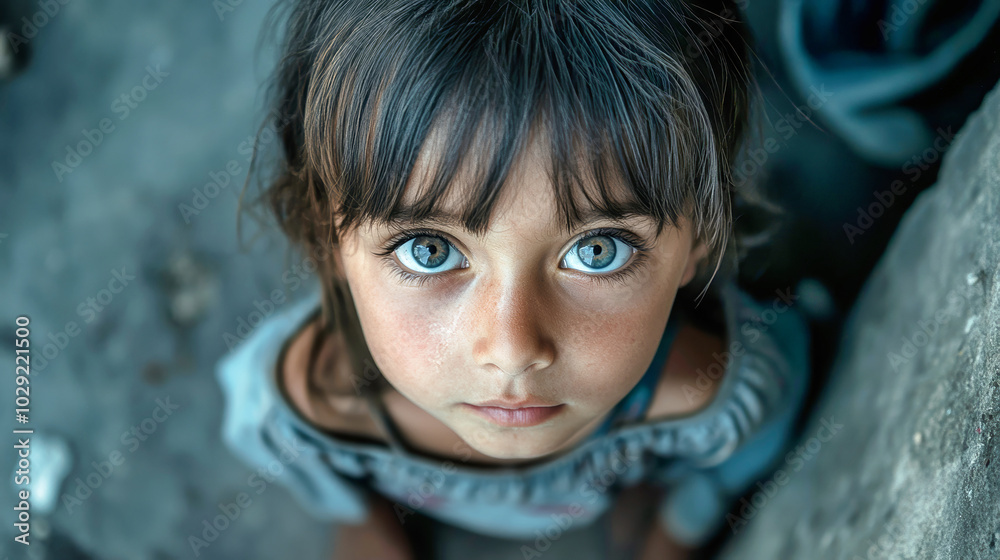 A portrait of a homeless girl with striking blue eyes in a slum area ...