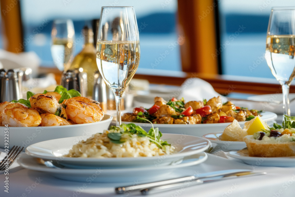 An Elegant Dining Table Set For A Gourmet Dinner On A Cruise Ship, Featuring Beautifully Plated ...
