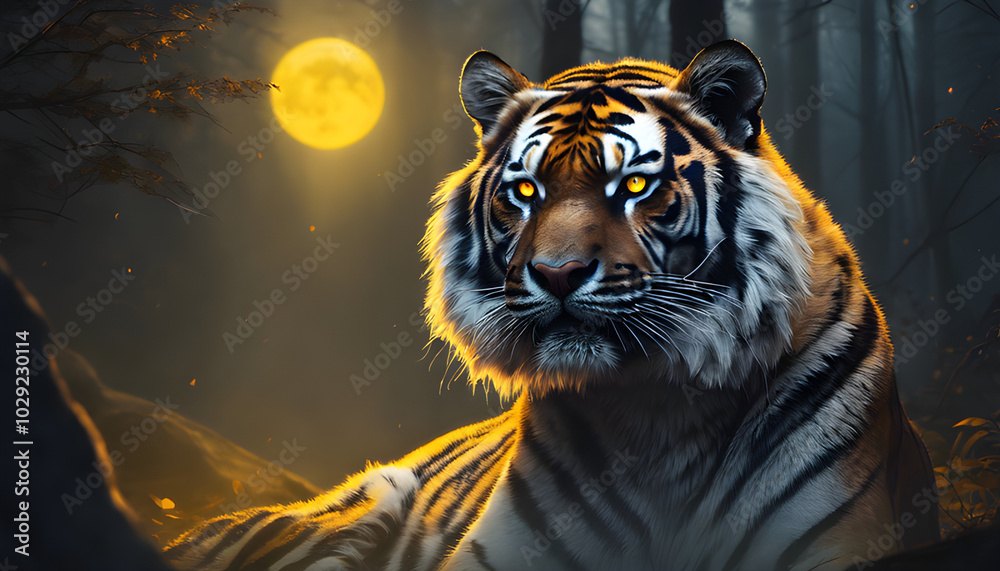 A tiger in a tattered white ghost robe with glowing yellow eyes sits on ...