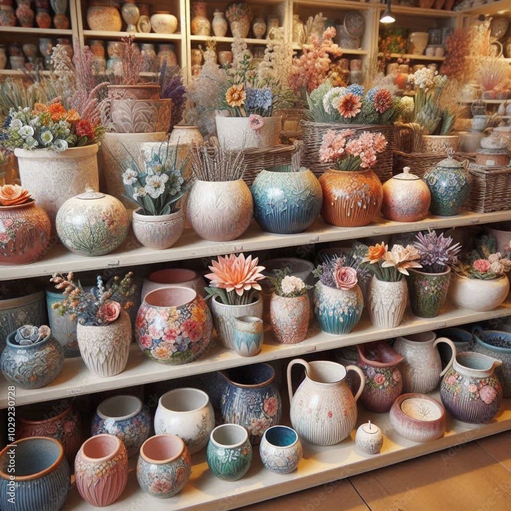 Photographs of flower shop shelves, pots, baskets, and bins showcasing ...
