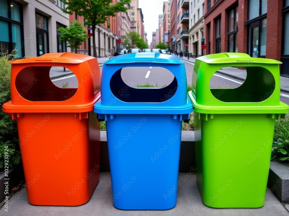 Bright orange, blue, and green recycling bins with round openings ...