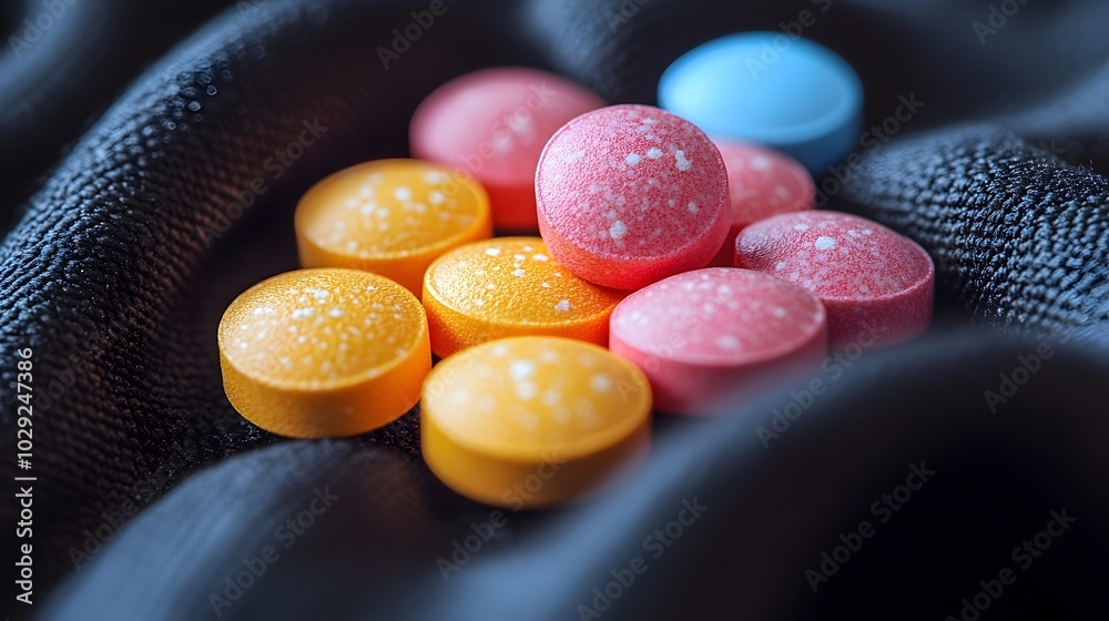 colorful antibiotic pills on soft black background. brightly colored ...
