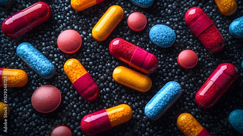 colorful antibiotic pills on soft black background. brightly colored ...