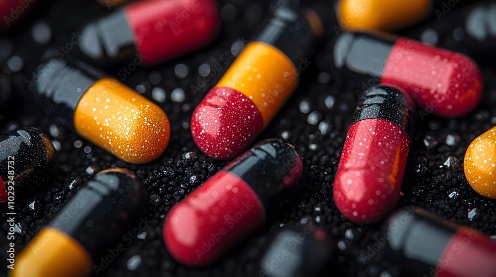 colorful antibiotic pills on soft black background. brightly colored ...