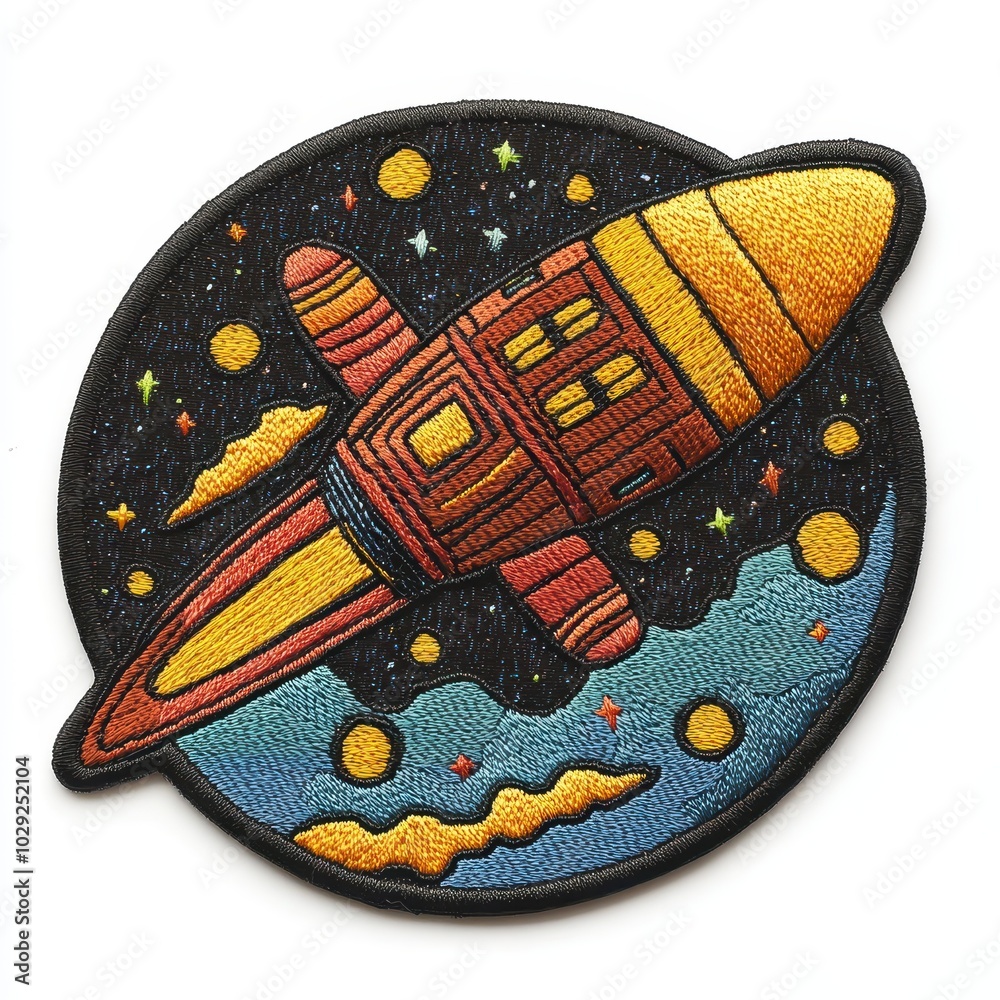 Retro spaceship flying through a starry night sky embroidered patch ...