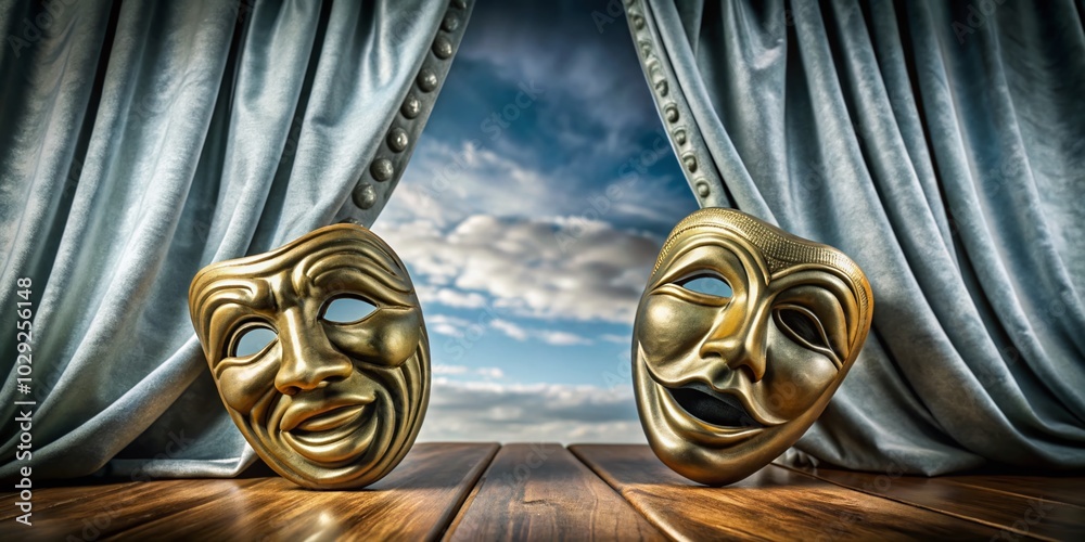 Theater Masks of Comedy and Tragedy on Luxurious Velvet Curtain Stock ...