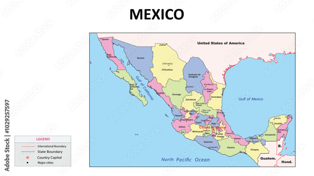 Mexico Map. State and union territories of Mexico with neighbouring ...