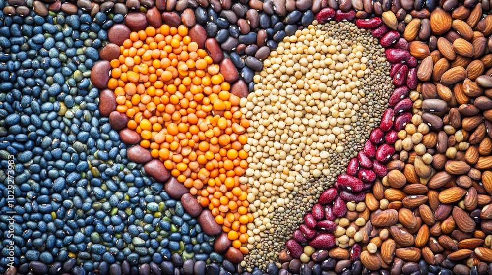 Set of different whole grains beans and legumes seeds lentils and nuts ...