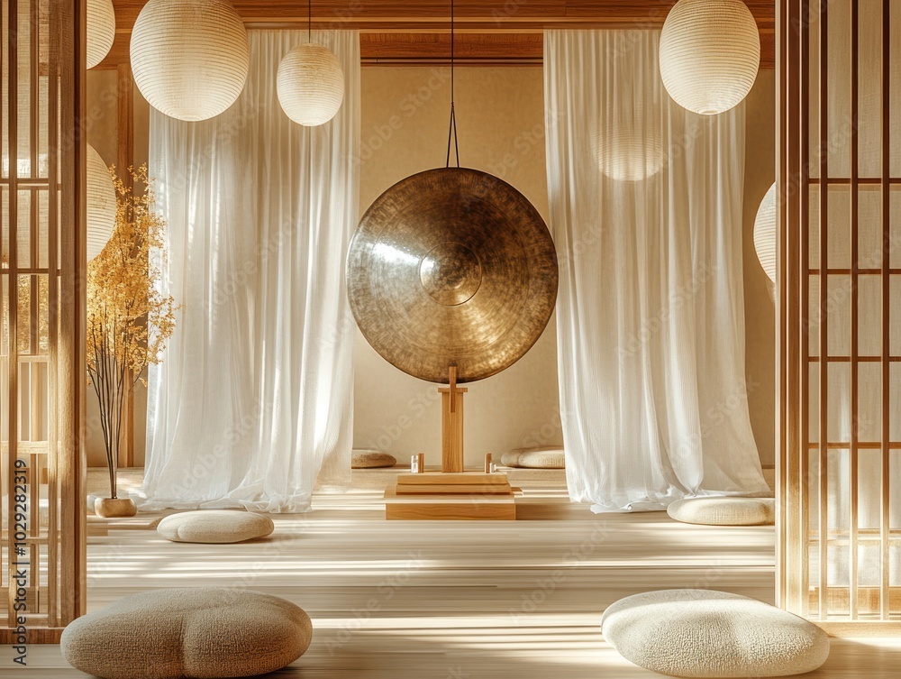 Zen meditation room with large gong in traditional Japanese setting. AI ...