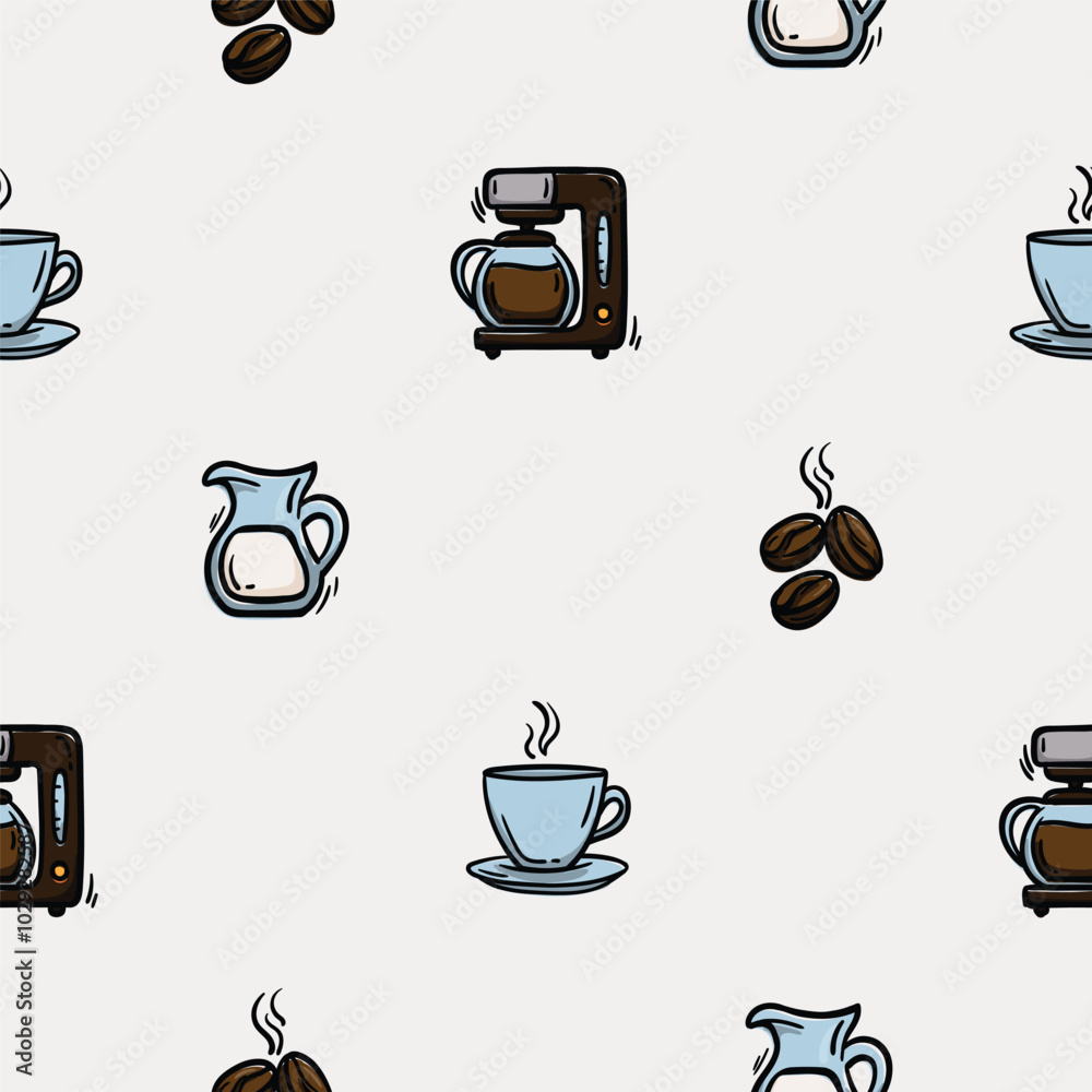 Simple seamless pattern with coffee cup, coffee beans, milk jug and ...